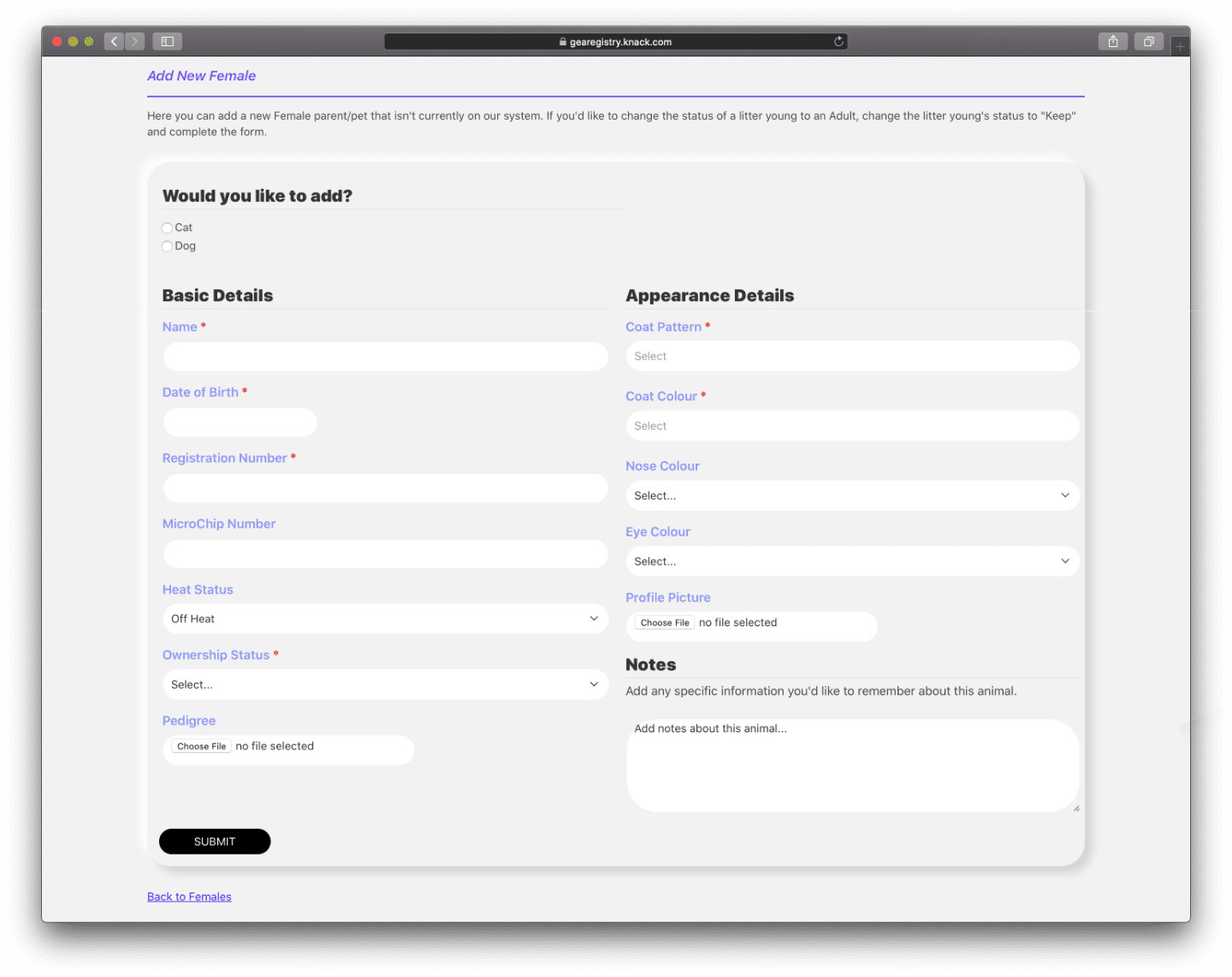 Adding an Adult Female - GEARegistry