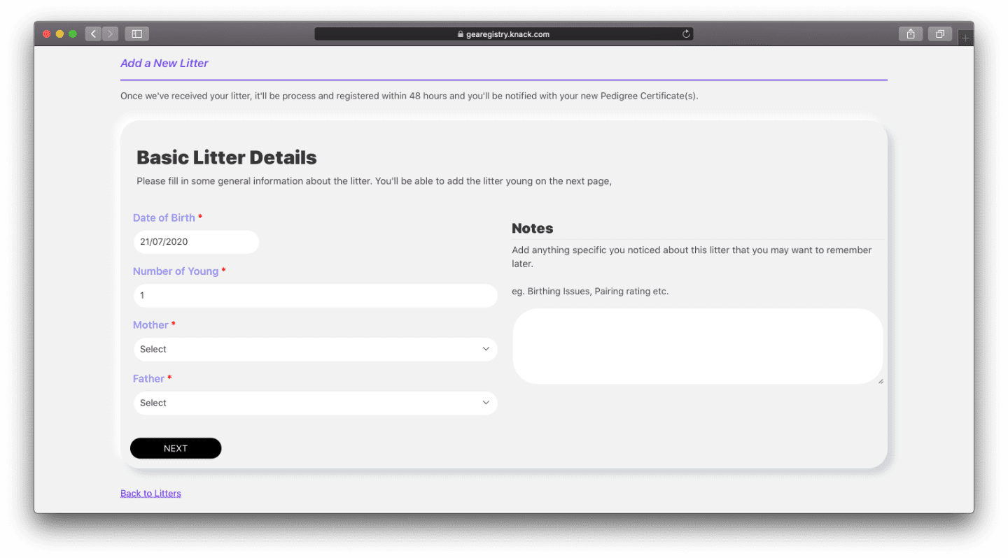 Adding a New Litter - GEARegistry